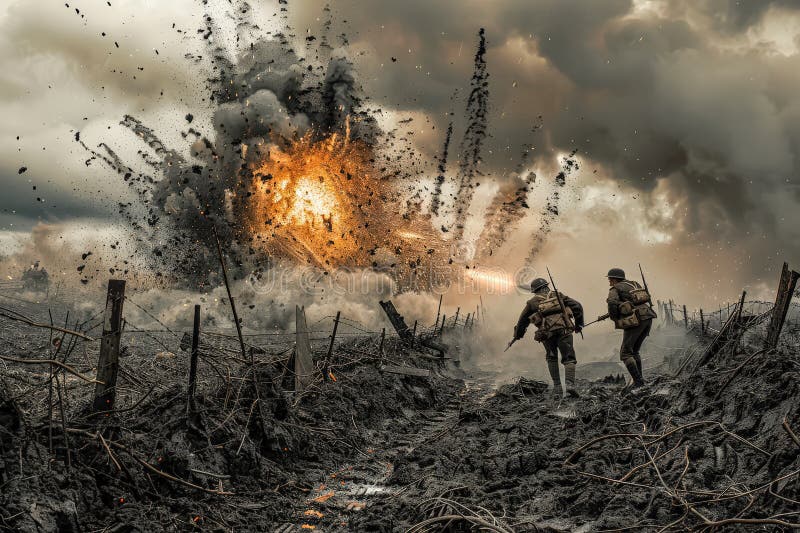 Three Soldiers are in a Trench with a Bomb Exploding in the Background ...
