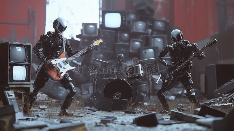 Robotic Band Performs a Concert in a Futuristic Urban Wasteland Stock ...