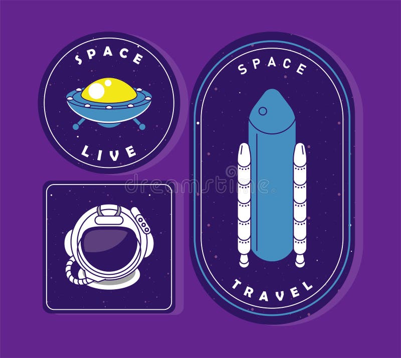Three space badges icons stock vector. Illustration of rocket - 253529186