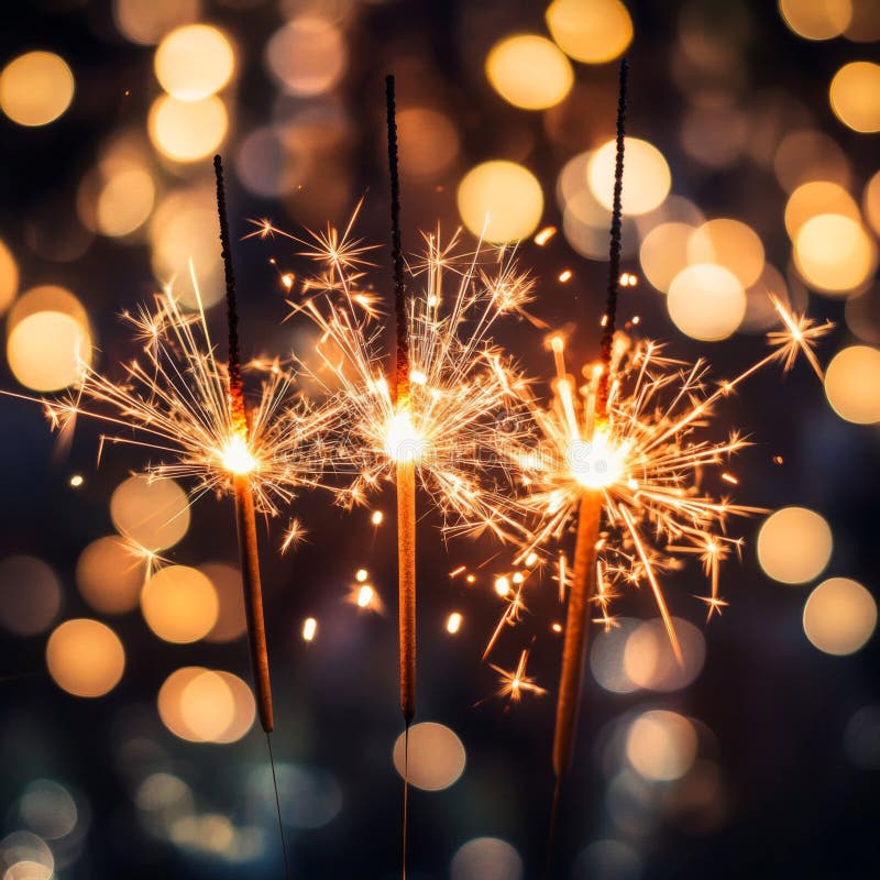 Three Sparklers Burning Brightly Against a Bokeh Background Stock ...