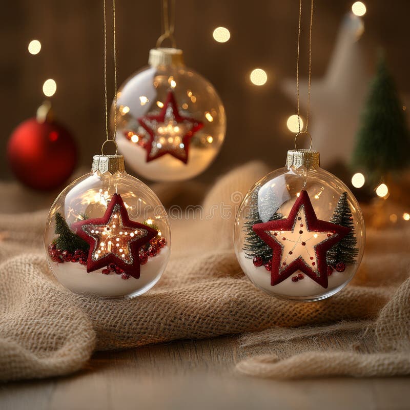 Three Sparkling Christmas Ornaments Dangle Gracefully from Delicate ...