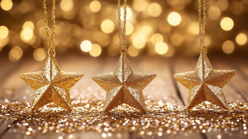 Three Sparkling Gold Star Decorations on a Glittering Background Stock ...