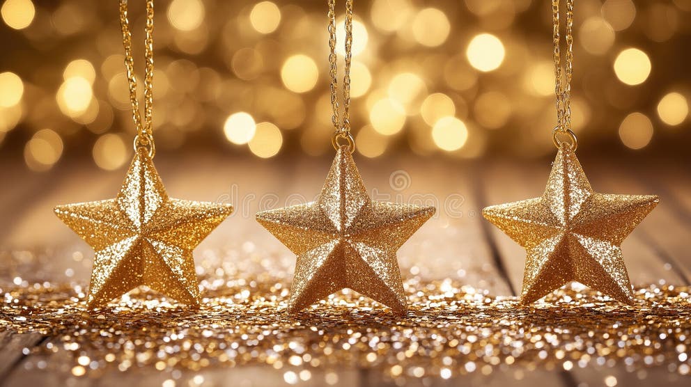 Three Sparkling Gold Star Decorations on a Glittering Background Stock ...