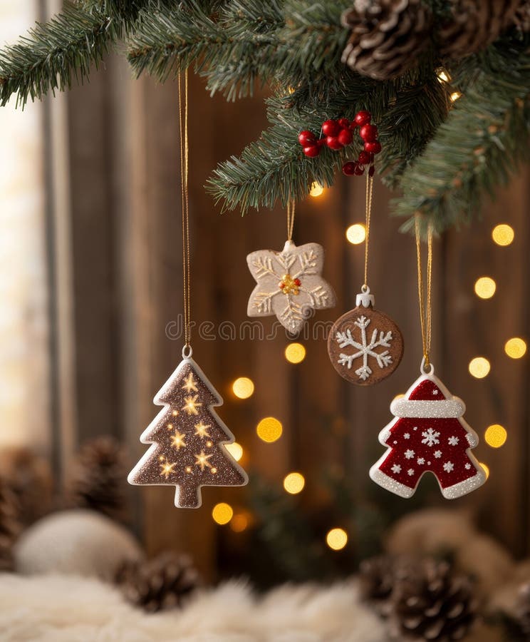 Three Sparkling Ornaments Dangle from a Brightly Lit Christmas Tree ...