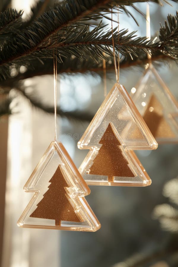 Three Sparkling Ornaments Dangle Gracefully from a Lush Tree Branch ...