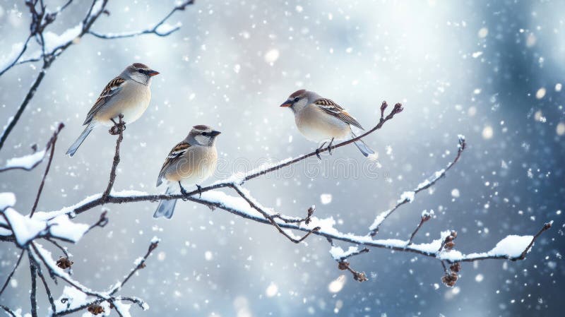 Three Sparrows Perched on a Snowy Branch in Winter Stock Illustration ...
