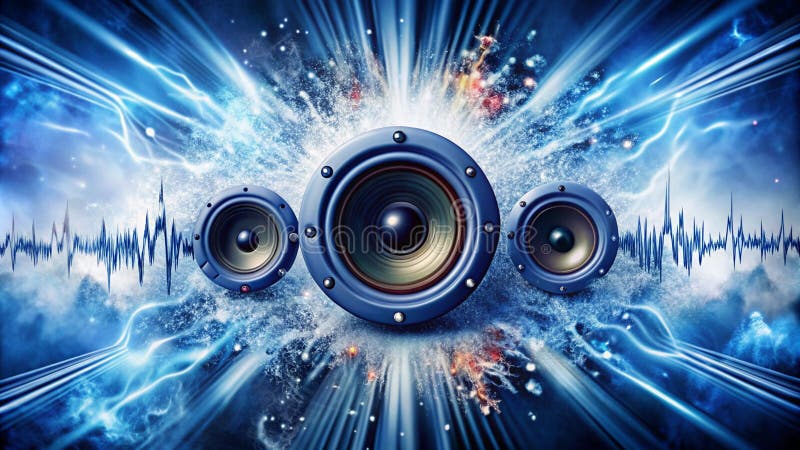 Three Speakers with Blue Light Explosion Effect, Sound Waves, and ...