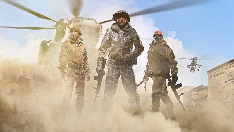 Three Special Forces Men Holding a Machine Gun on the Background of the ...