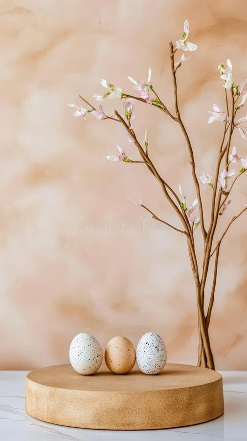 Three Speckled Easter Eggs Elegantly Arranged on a Circular Wooden ...
