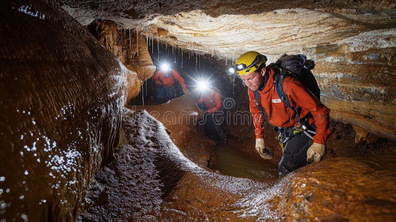 Three Spelunkers Explore a Dark Cave, Using Headlamps To Navigate the ...