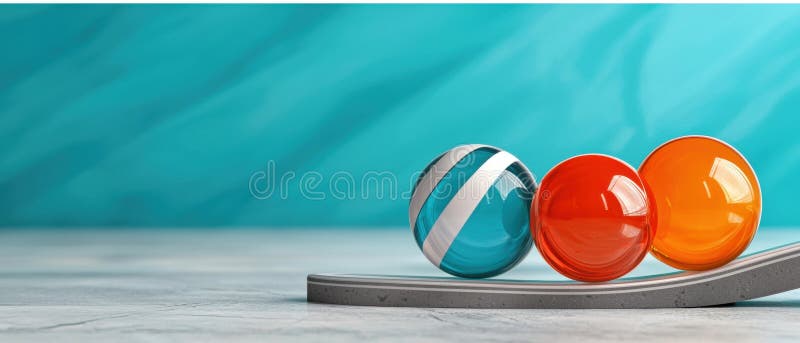 Three Spheres of Different Colors Roll Down a Curved Gray Surface ...