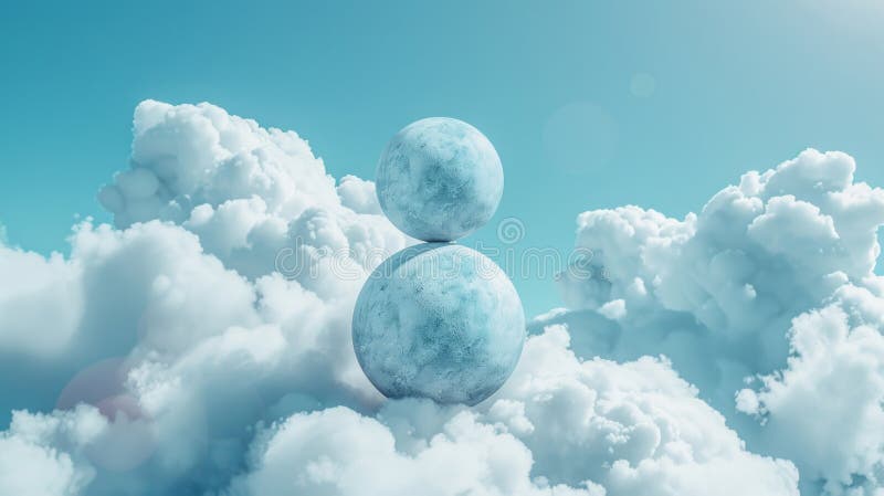 Three Spheres are Positioned on Top of Each Other Surrounded by Fluffy ...