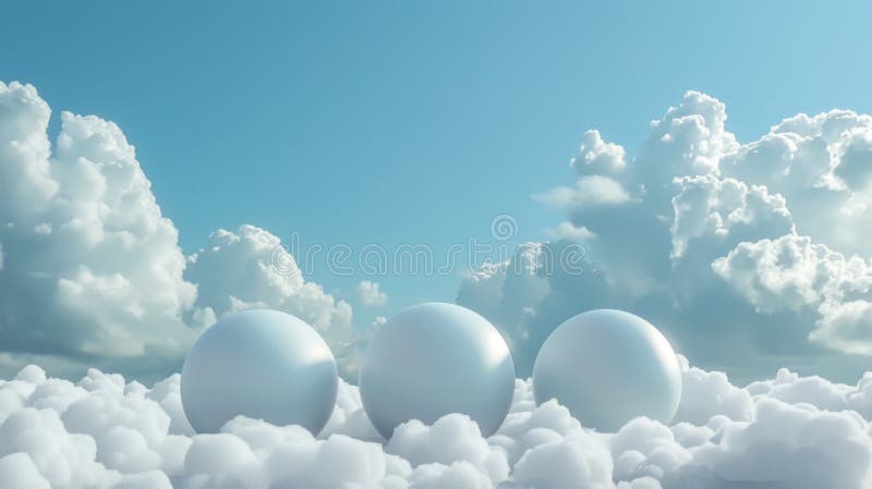 Three Spheres are Positioned on Top of Each Other Surrounded by Fluffy ...