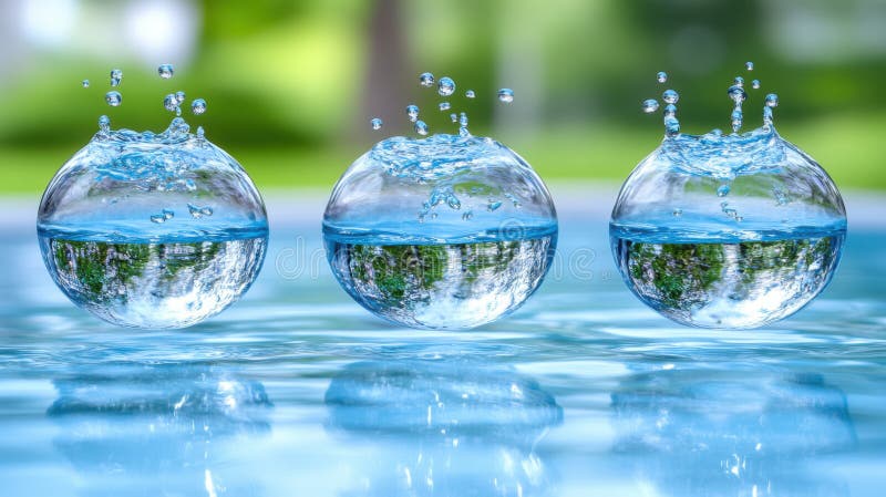Three Spheres of Water with Splashes and Reflections on a Blue Surface ...