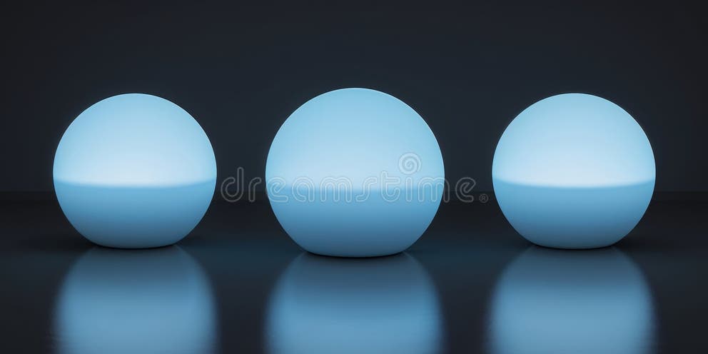 Three Spherical Objects Glowing with Blue Lights are Shown Stock Image ...