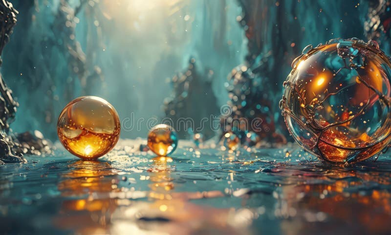 Three Spherical Objects, One Orange, One Yellow, and One Blue, Float in ...