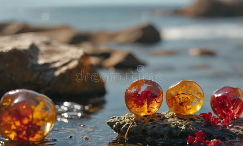Three Spherical Objects with Red and Orange Hues are Arranged on Rock ...