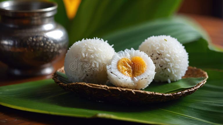 Delicious Indonesian Sticky Rice Balls with Mango Filling on Banana ...