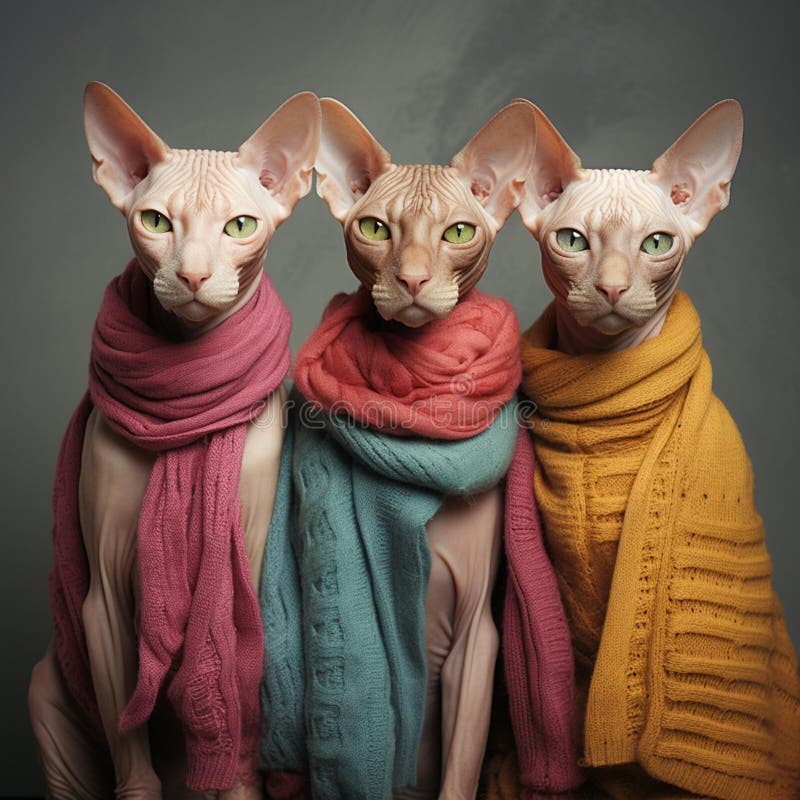 Three Sphynx Cats Wearing Scarves, AI-generated. Stock Illustration ...