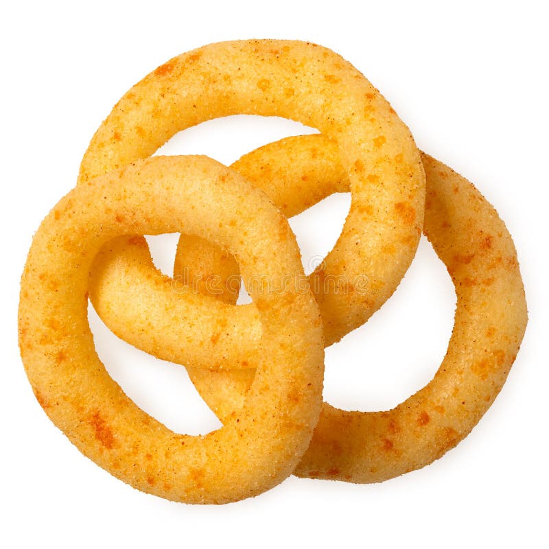 Three Spicy Corn Onion Rings Isolated on White from Above Stock Image ...