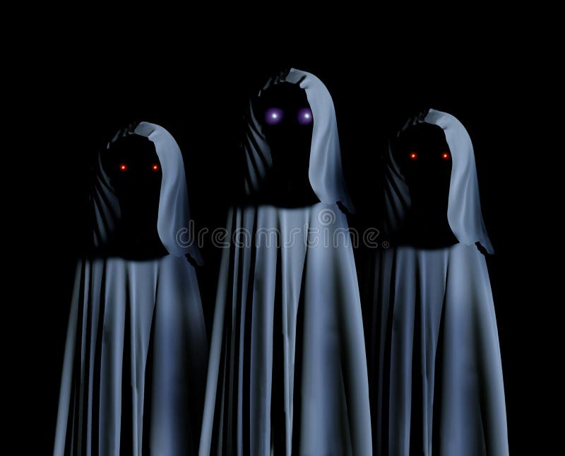 Three Spooky Monsters in Hooded Cloaks with Glowing Eyes Stock ...