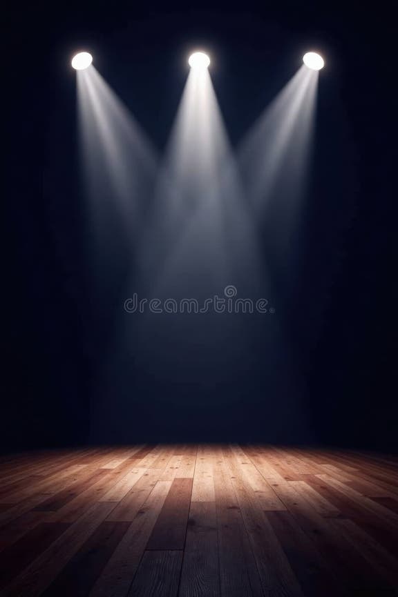 Three Spotlights on a Dark Stage, Ready for Performance, Dark, Center ...