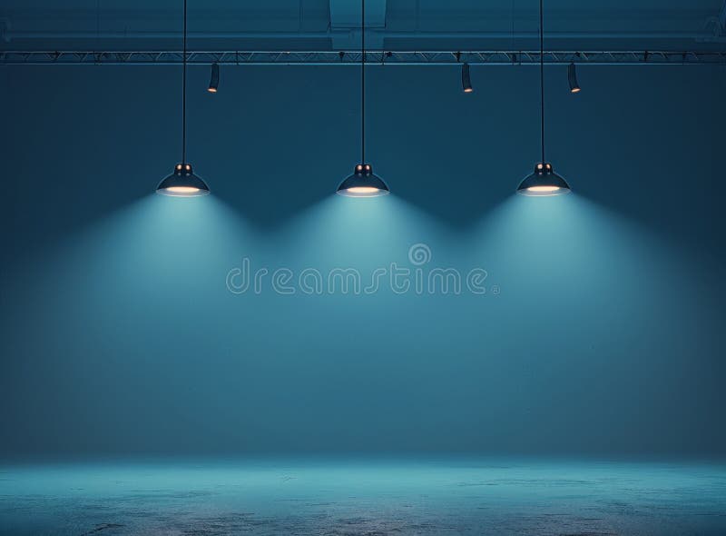 Three Spotlights Illuminate a Blue Studio Space Stock Photo - Image of ...