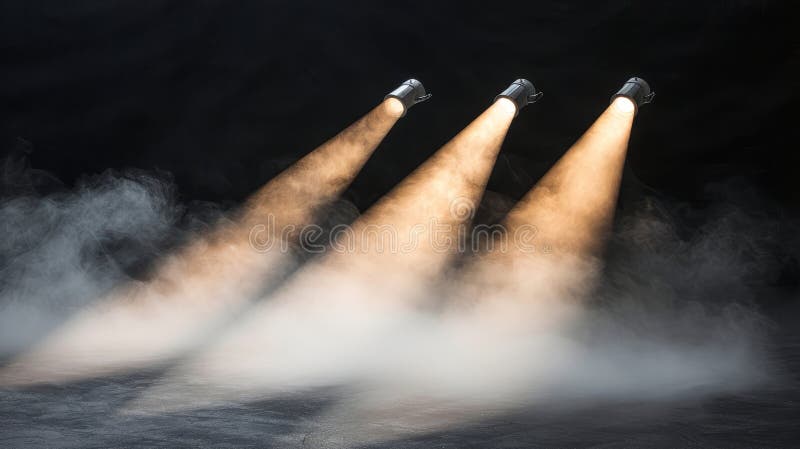 Three Spotlights Illuminate a Smoky Stage with a Bright Gold Light ...