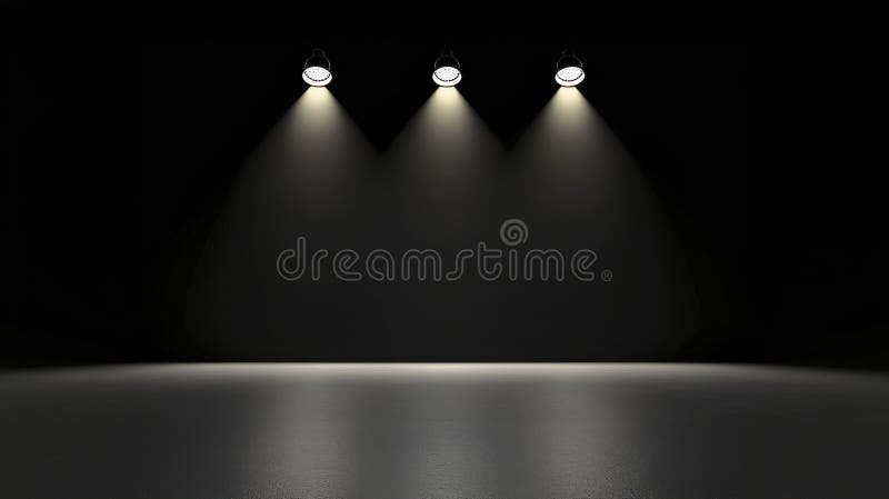 Dramatic Scene with Three Spotlights Illuminating a Black Stage Area ...