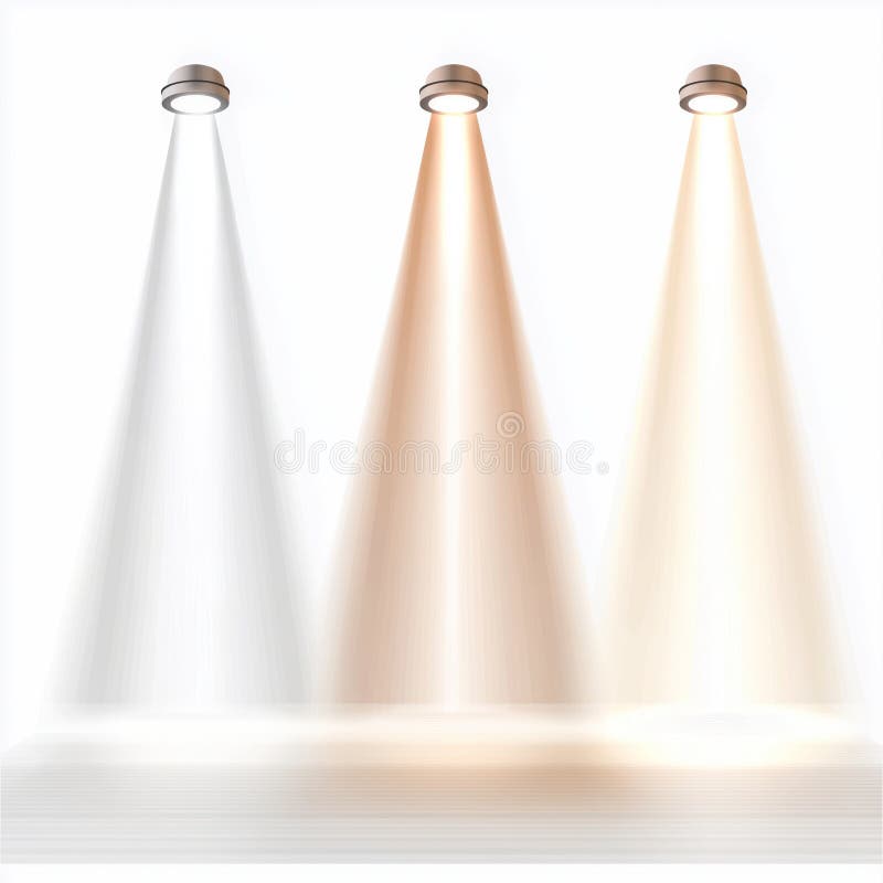 Three Spotlights Shine Down on Empty White Stage. Light Rays Illuminate ...