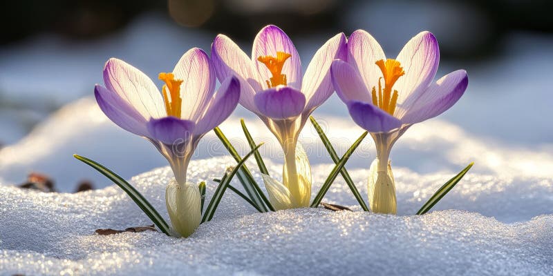 Three Spring Crocuses Emerging Beautifully from Melting Snow, Macro ...