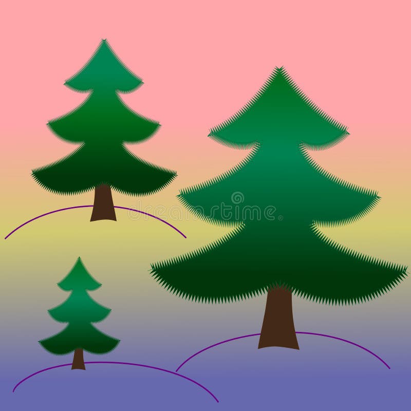Three Spruce Trees on Sunset Background Stock Vector - Illustration of ...
