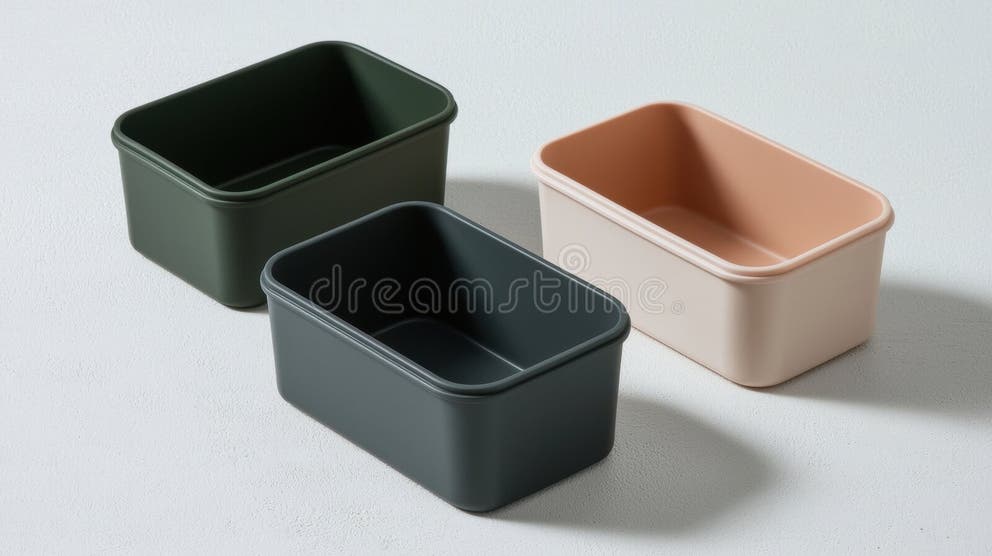 Three Square Containers of Different Colors and Shapes. Stock Image ...
