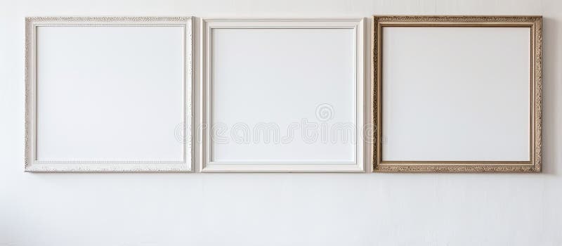 Three Square Picture Frames in Composite Material on a White Wall Stock ...