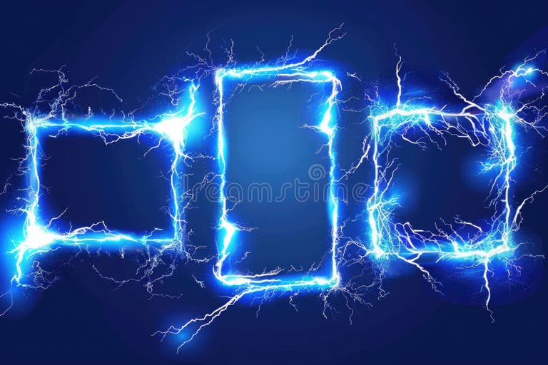 Three Square-shaped Electrical Discharges on a Dark Blue Background ...