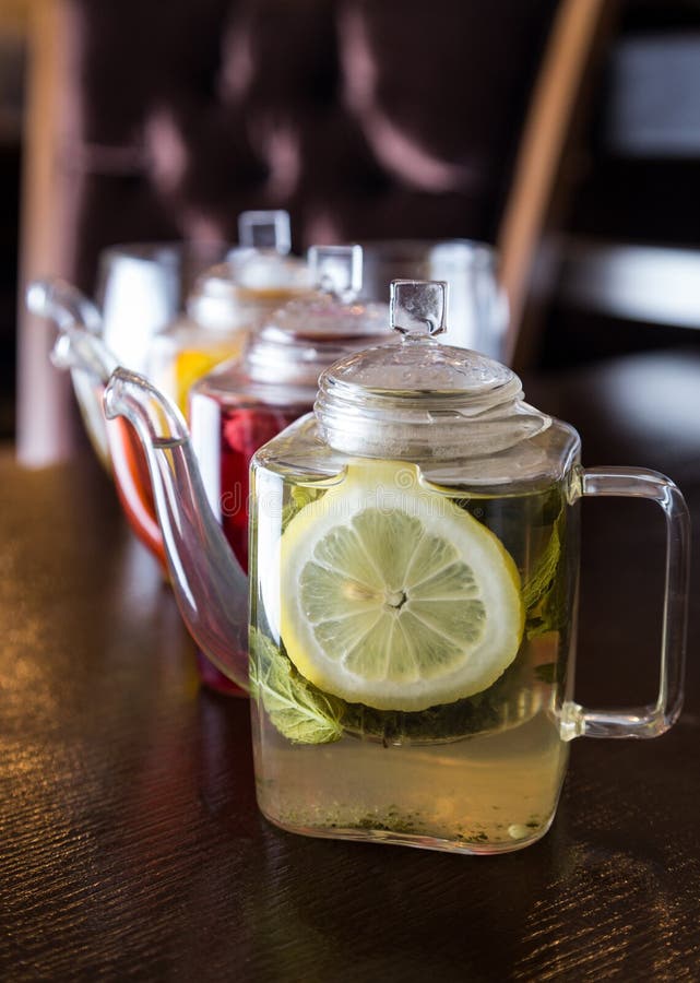 Three Square Teapots with Fruit Tastes of Tea Stock Image - Image of ...