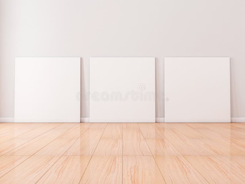 Three Square White Canvases Mockup Stand on Wooden Floor in Empty Room ...