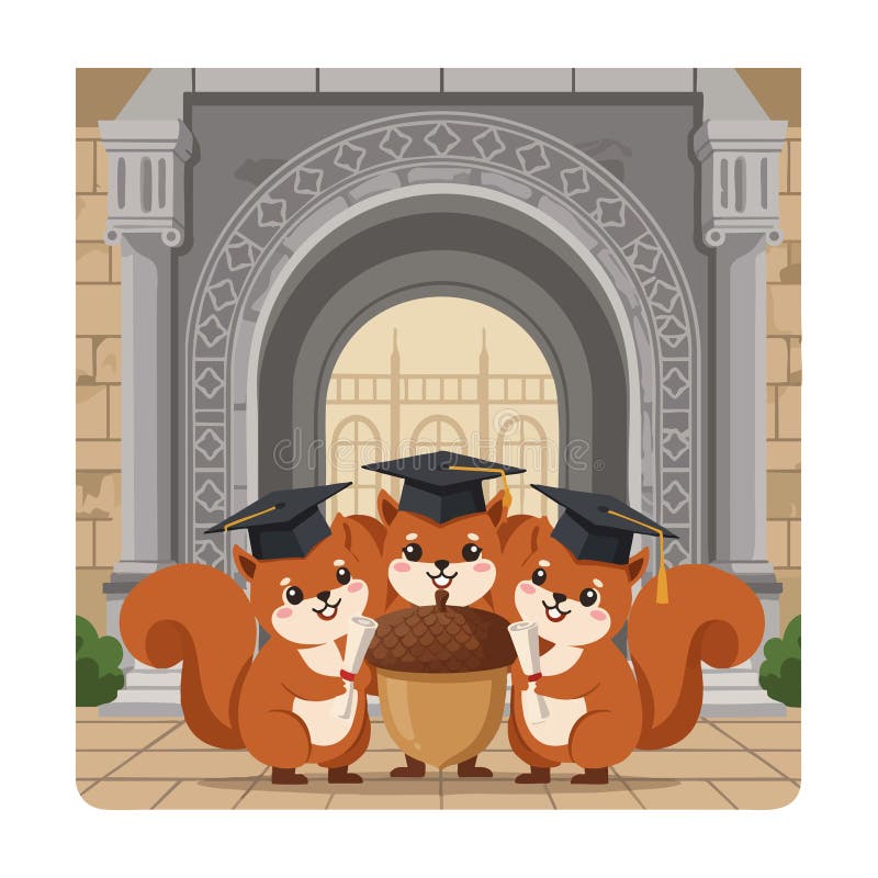 Squirrel Graduates Wearing Graduation Caps Holding Diplomas Near Stone ...