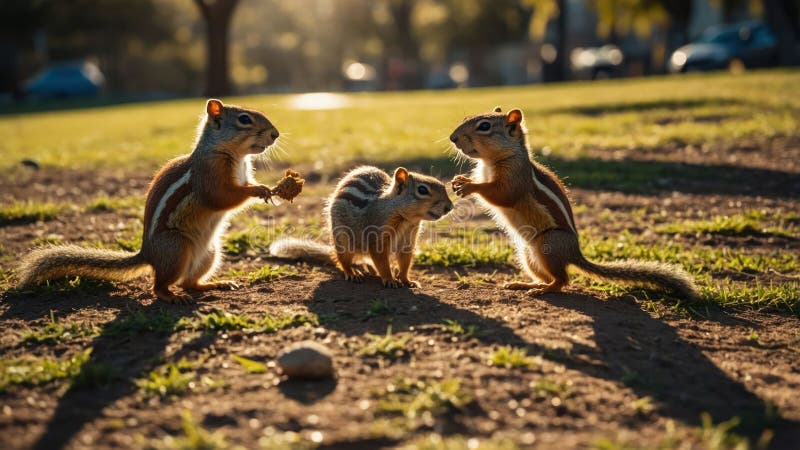Three Chipmunks Sharing Food at Sunset in a Park Stock Illustration ...