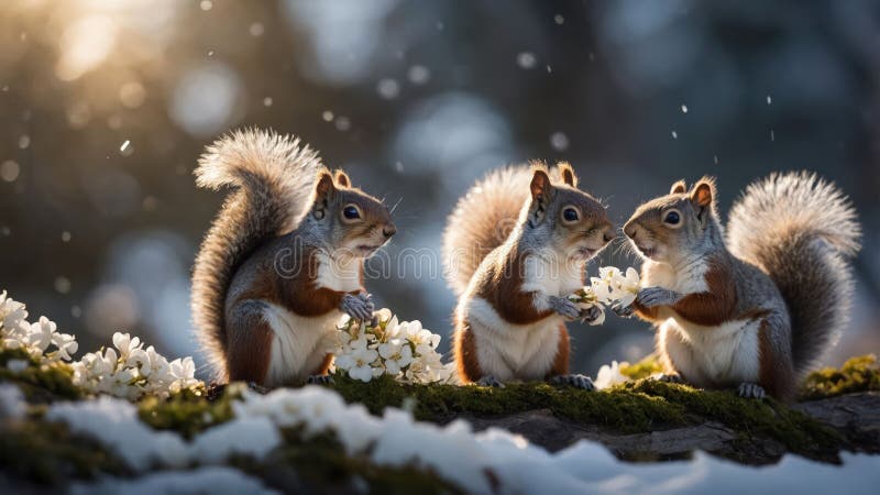 Three Squirrels Playfully Interacting in a Snowy Landscape with Flowers ...