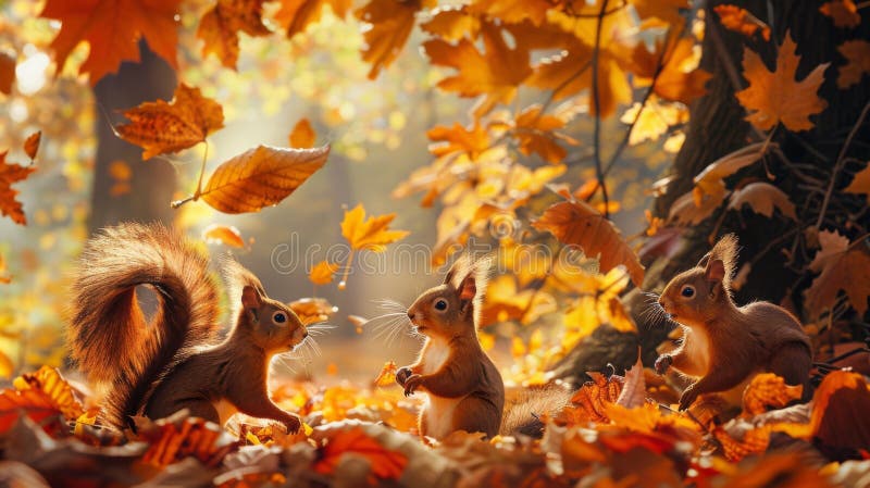 Three Squirrels are Playing in the Leaves of a Tree Stock Illustration ...