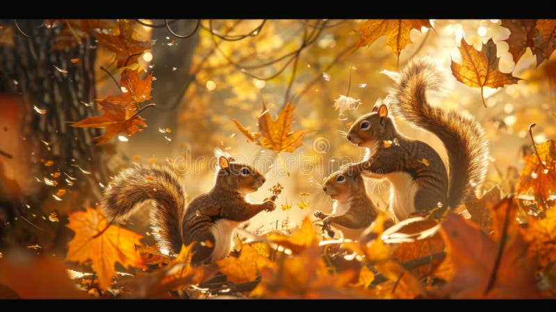 Three Squirrels are Playing in the Leaves of a Tree Stock Illustration ...