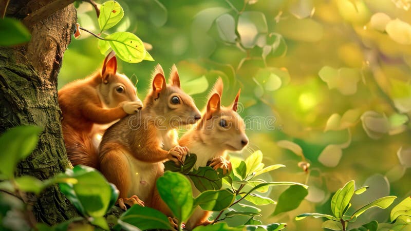 Three Squirrels Playing on a Tree Branch in a Lush Green Forest, a ...