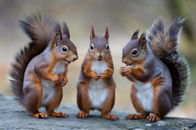 Three Squirrels Pose Playfully on a Rock with Blurred Natural Background Stock Illustration ...