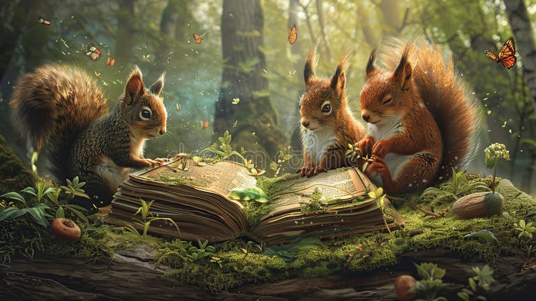 Three Squirrels Reading a Book in the Forest Stock Illustration ...