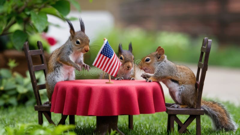 Three Squirrels Sitting on a Table with an American Flag, AI Stock ...
