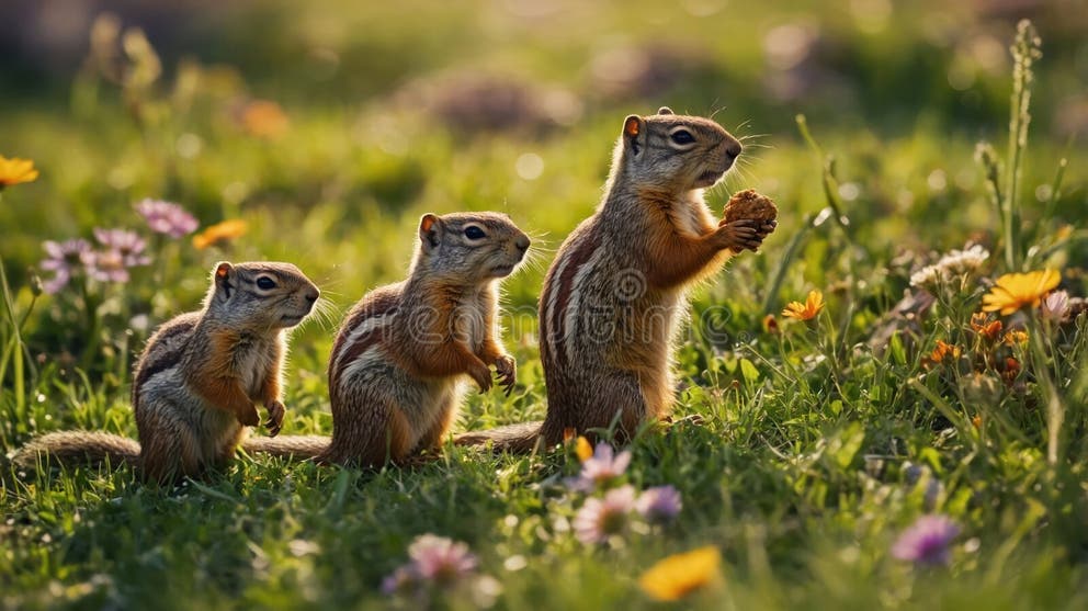 Adorable Three Chipmunks Enjoying Sunset in Wildflower Meadow Stock ...