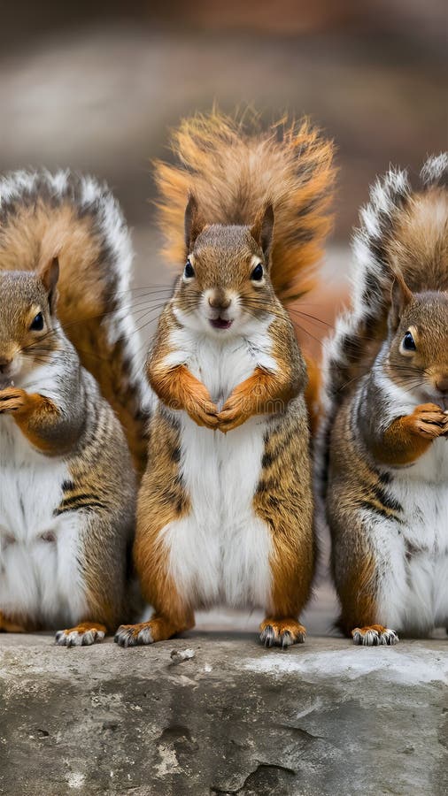 Three Squirrels Pose Playfully on a Rock with Blurred Natural ...