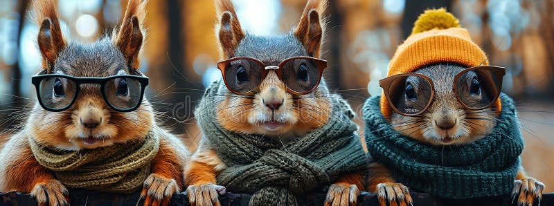 Three Squirrels Wearing Sunglasses and Scarves in Autumn Stock ...