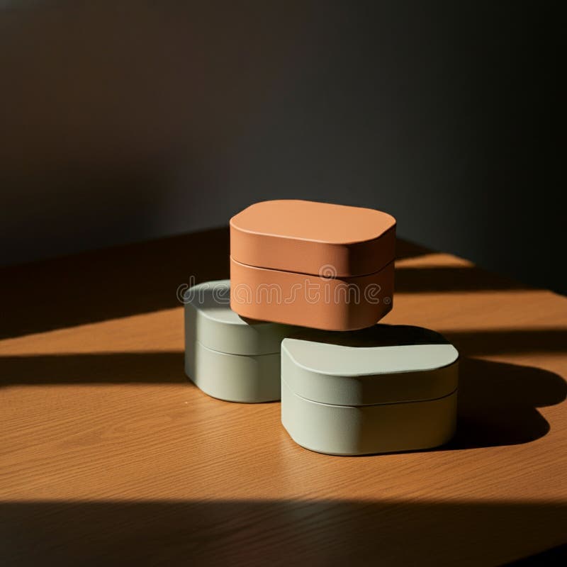 Three Stackable, Oval-shaped Boxes Sit on a Wooden Surface, Bathed in ...